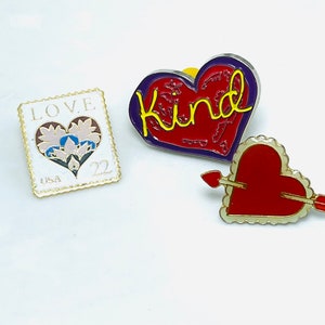 Valentines Heart Love Lapel Pins Set of 3 Enamel Heart Shaped and Stamp ...
