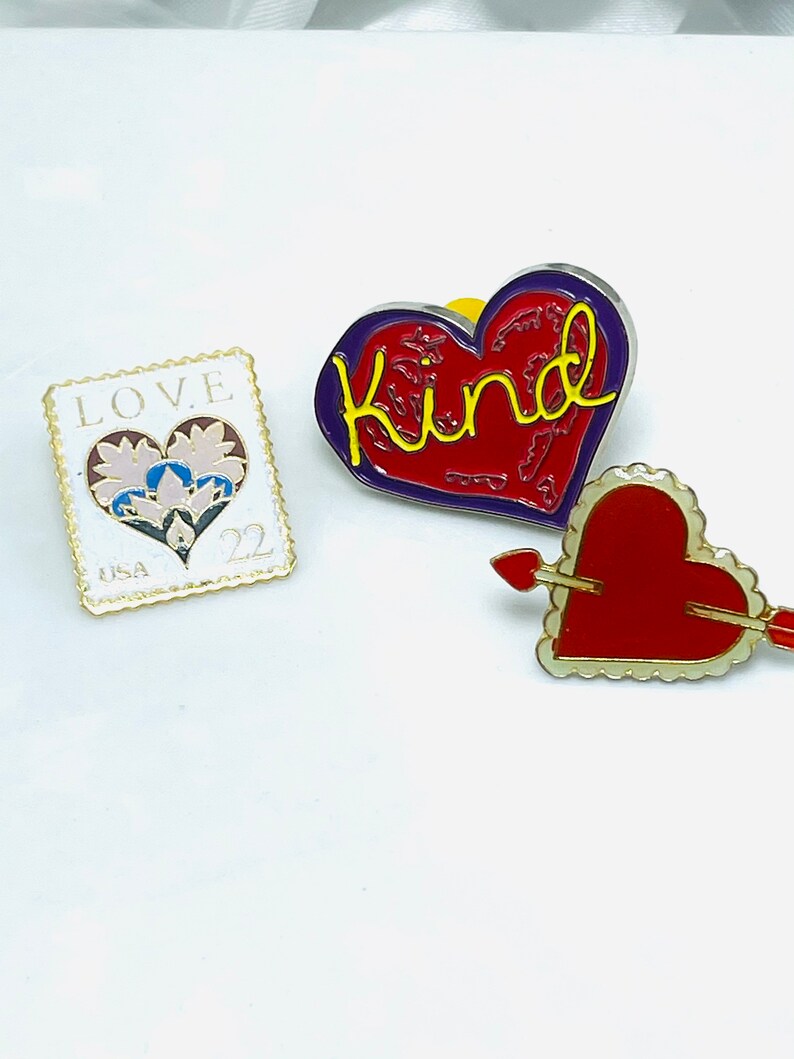 Valentines Heart Love Lapel Pins Set of 3 Enamel Heart Shaped and Stamp ...