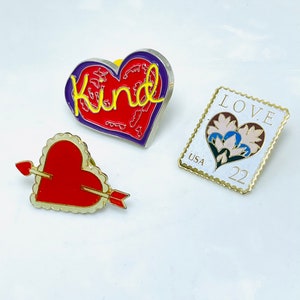 Valentines Heart Love Lapel Pins Set of 3 Enamel Heart Shaped and Stamp ...