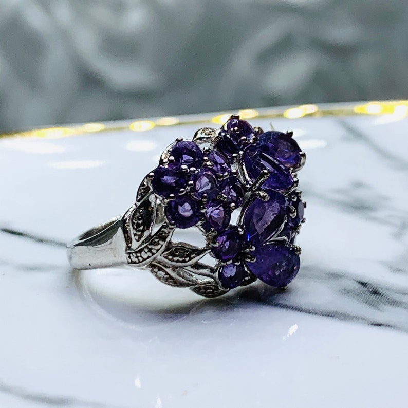 Vintage Amethyst Cluster Ring Sterling Silver 2.8CTW - Etsy