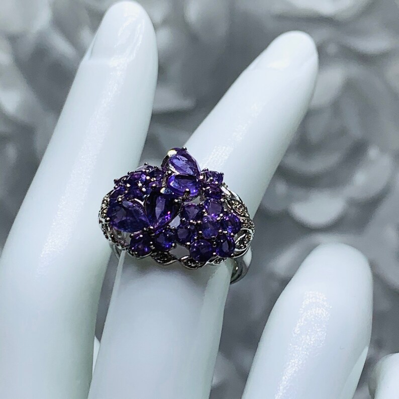 Vintage Amethyst Cluster Ring Sterling Silver 2.8CTW - Etsy