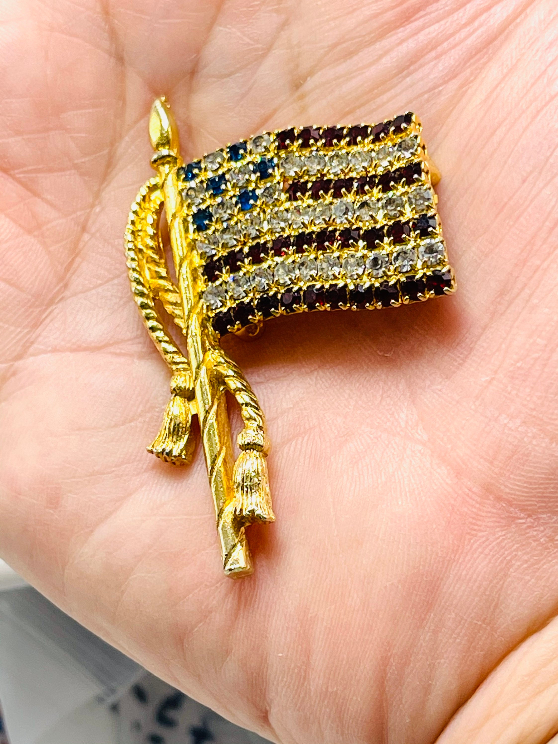 Patriotic American Rhinestone Flag Brooch Gold Tone Signed | Etsy