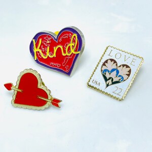 Valentines Heart Love Lapel Pins Set of 3 Enamel Heart Shaped and Stamp ...