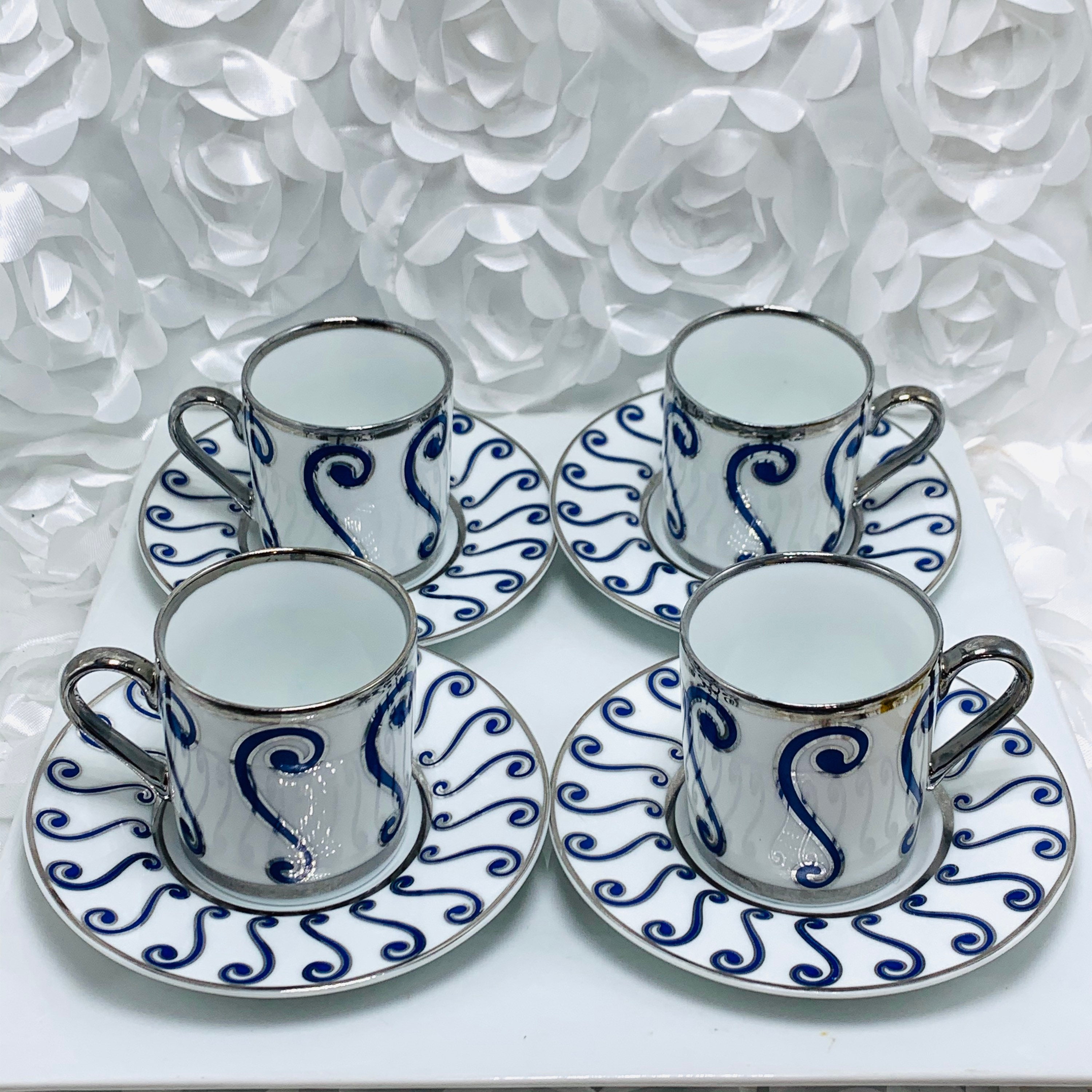 Tea Set Demitasse Espresso Cups And Saucers Navy Blue Silver | Etsy