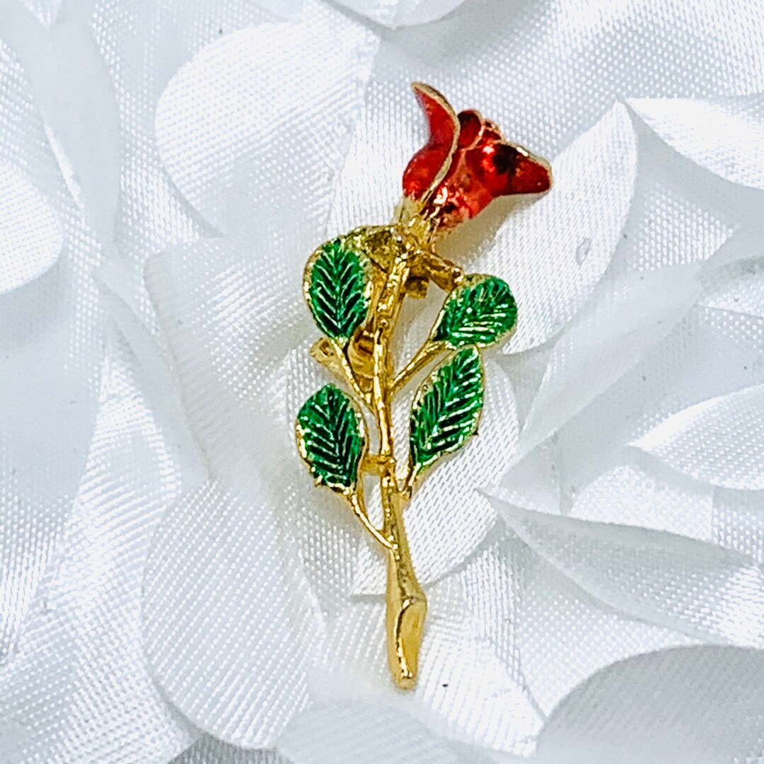 Vintage Single Rose Brooch Single Red Rose Gold Tone and Enamel Brooch ...