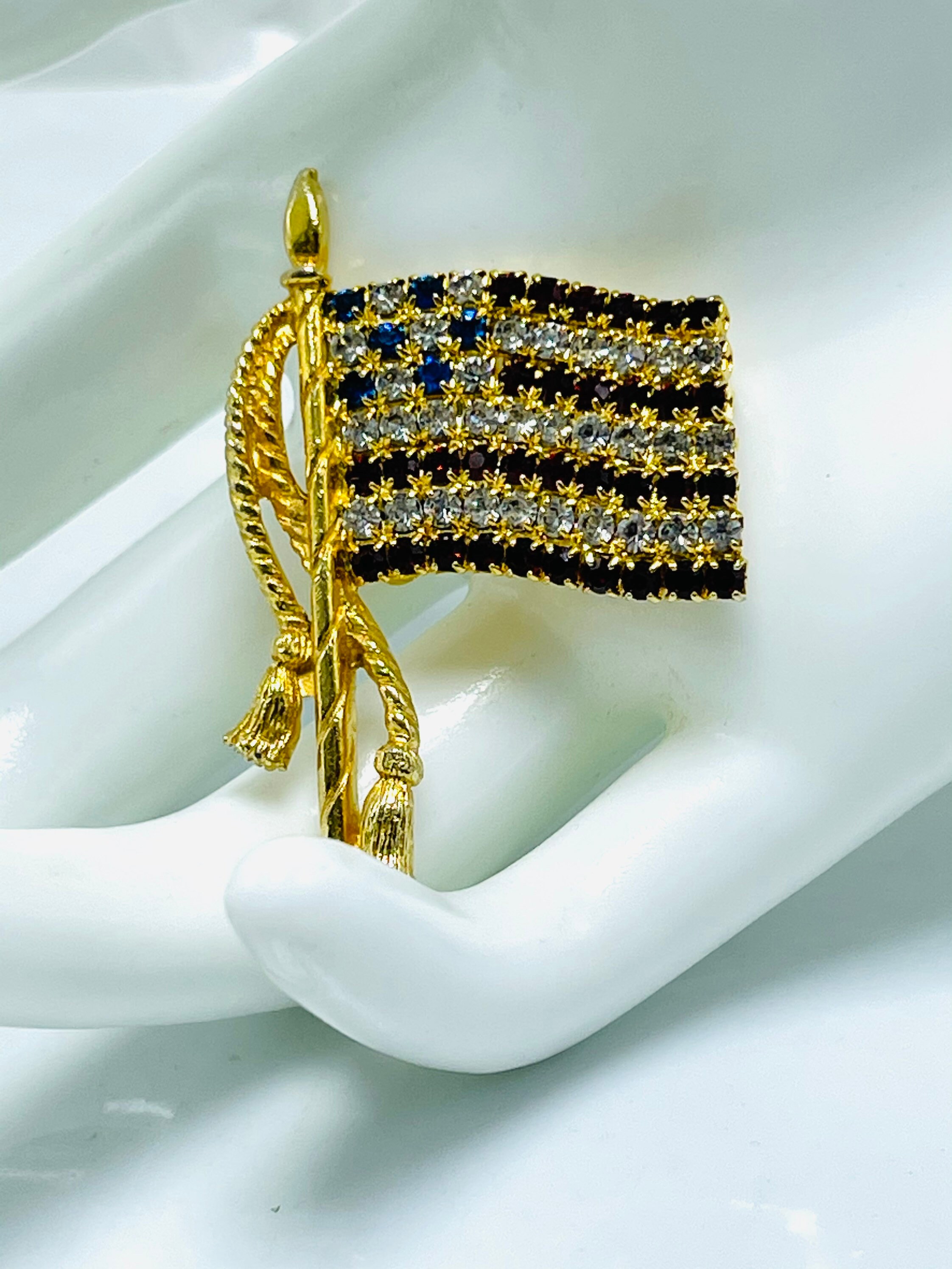 Patriotic American Rhinestone Flag Brooch Gold Tone Signed | Etsy