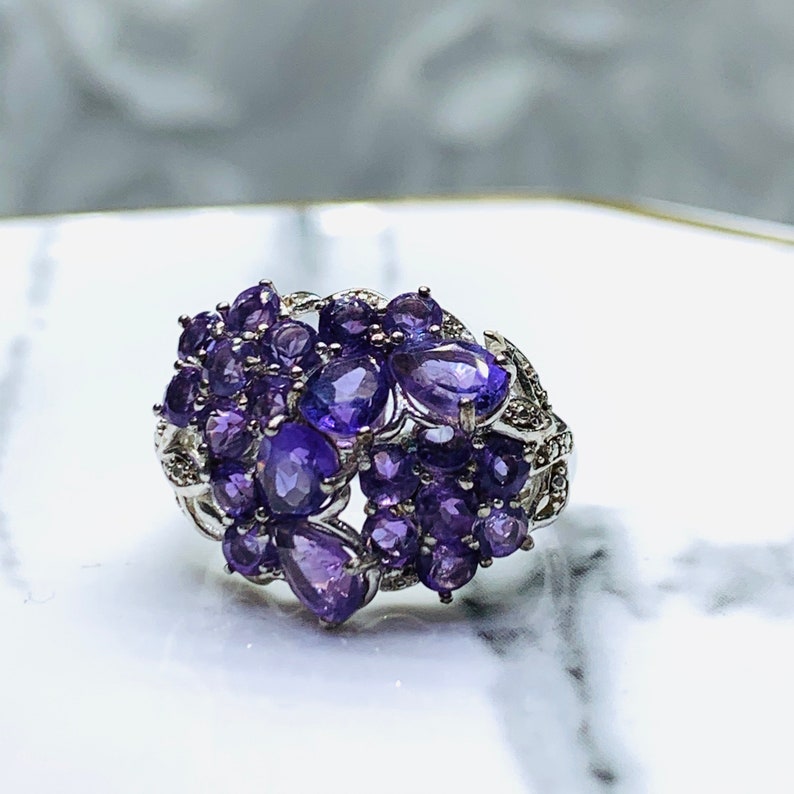 Vintage Amethyst Cluster Ring Sterling Silver 2.8CTW - Etsy
