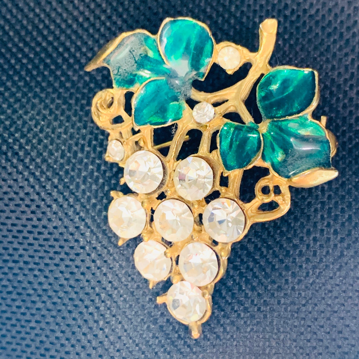 Vintage Rhinestone Grapes Cluster Brooch Gold Tone Enamel | Etsy