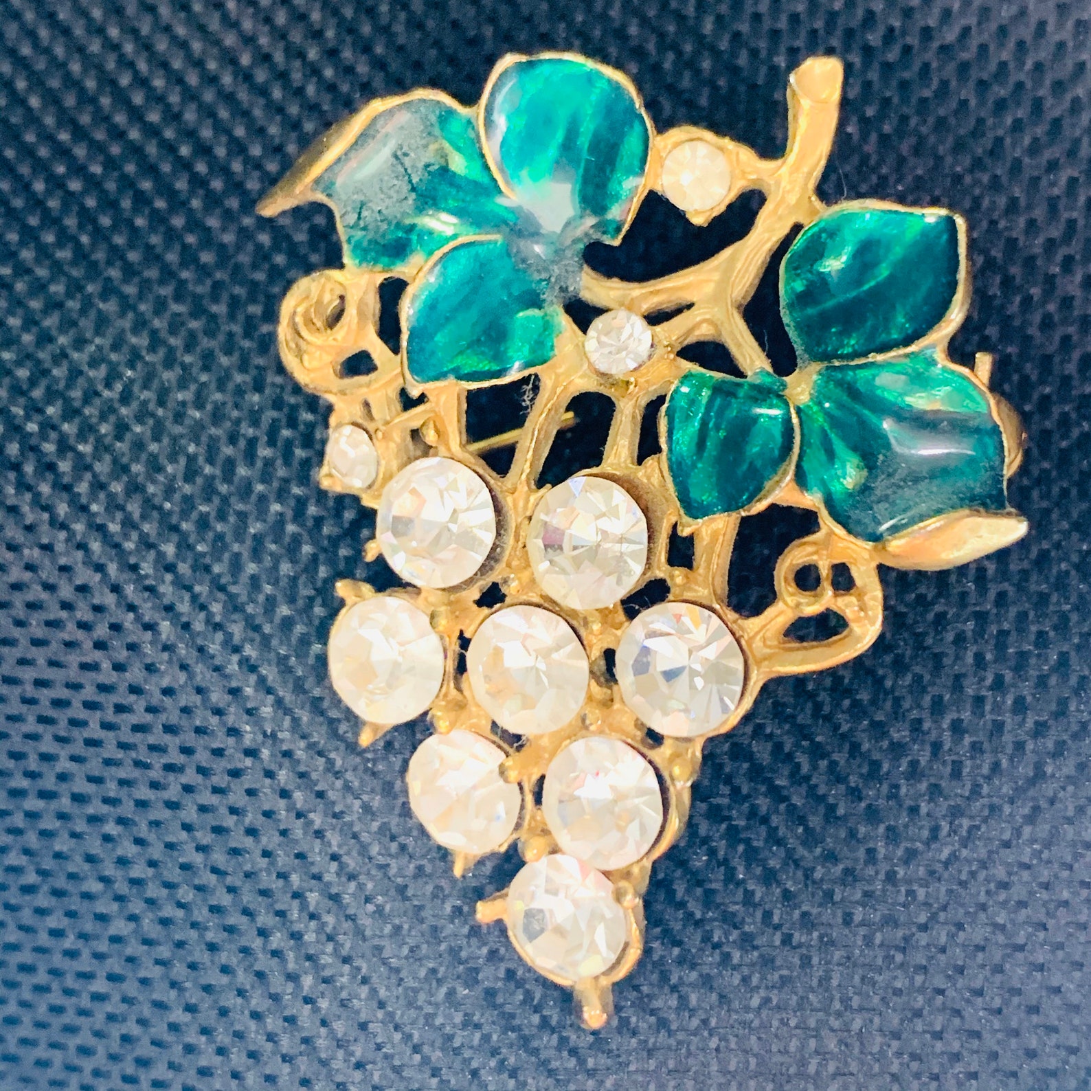 Vintage Rhinestone Grapes Cluster Brooch Gold Tone Enamel | Etsy