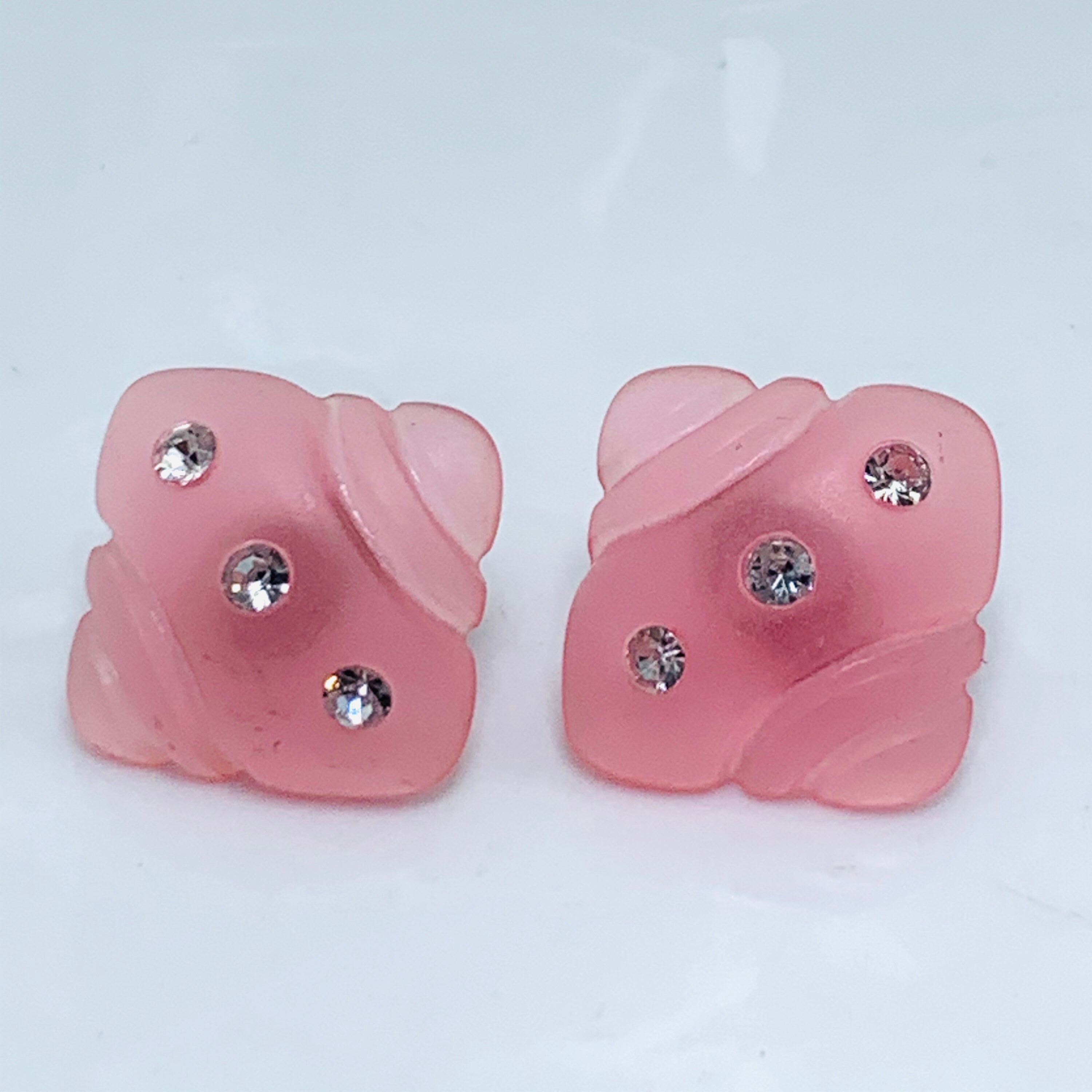 Frosted Pink Lucite Earrings Rhinestones Square 1960s - Etsy