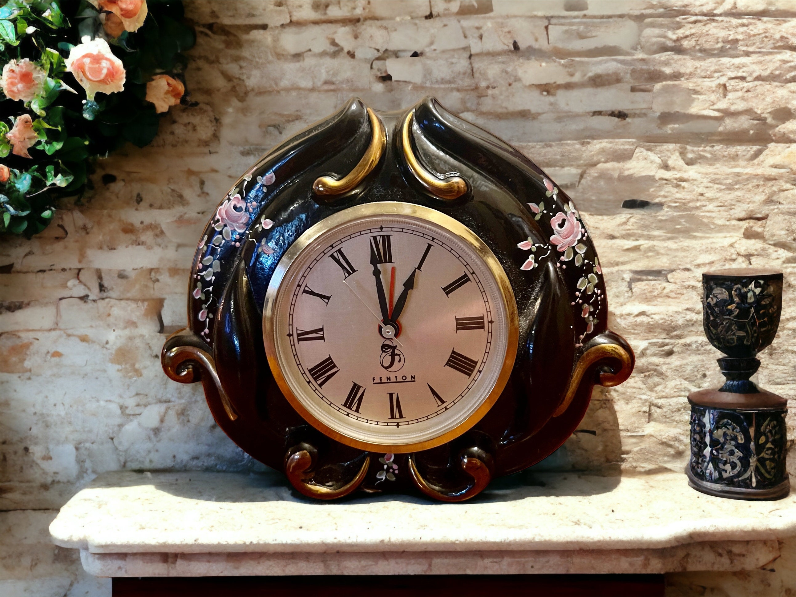Vintage Fenton Quartz Clock Black Hand Painted Floral Design - Etsy
