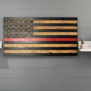 Rustic American Thin Red Line Firefighter Flag Wall Art - Hand Made ...