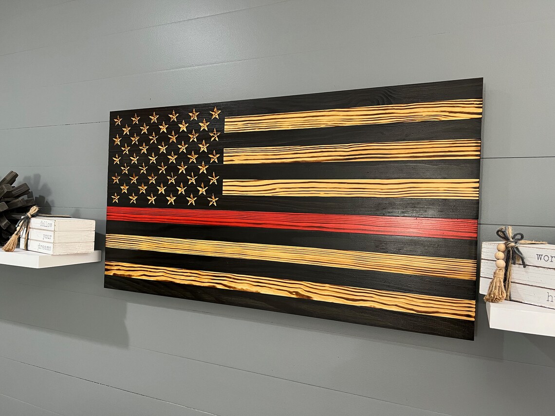 Rustic American Thin Red Line Firefighter Flag Wall Art - Hand Made ...