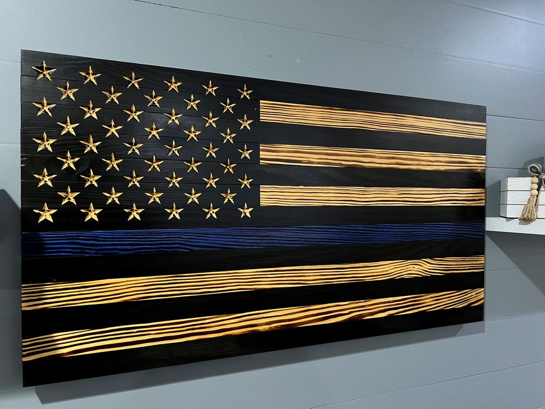 Rustic American Thin Blue Line Flag Wall Art - Hand Made - Burned Wood ...
