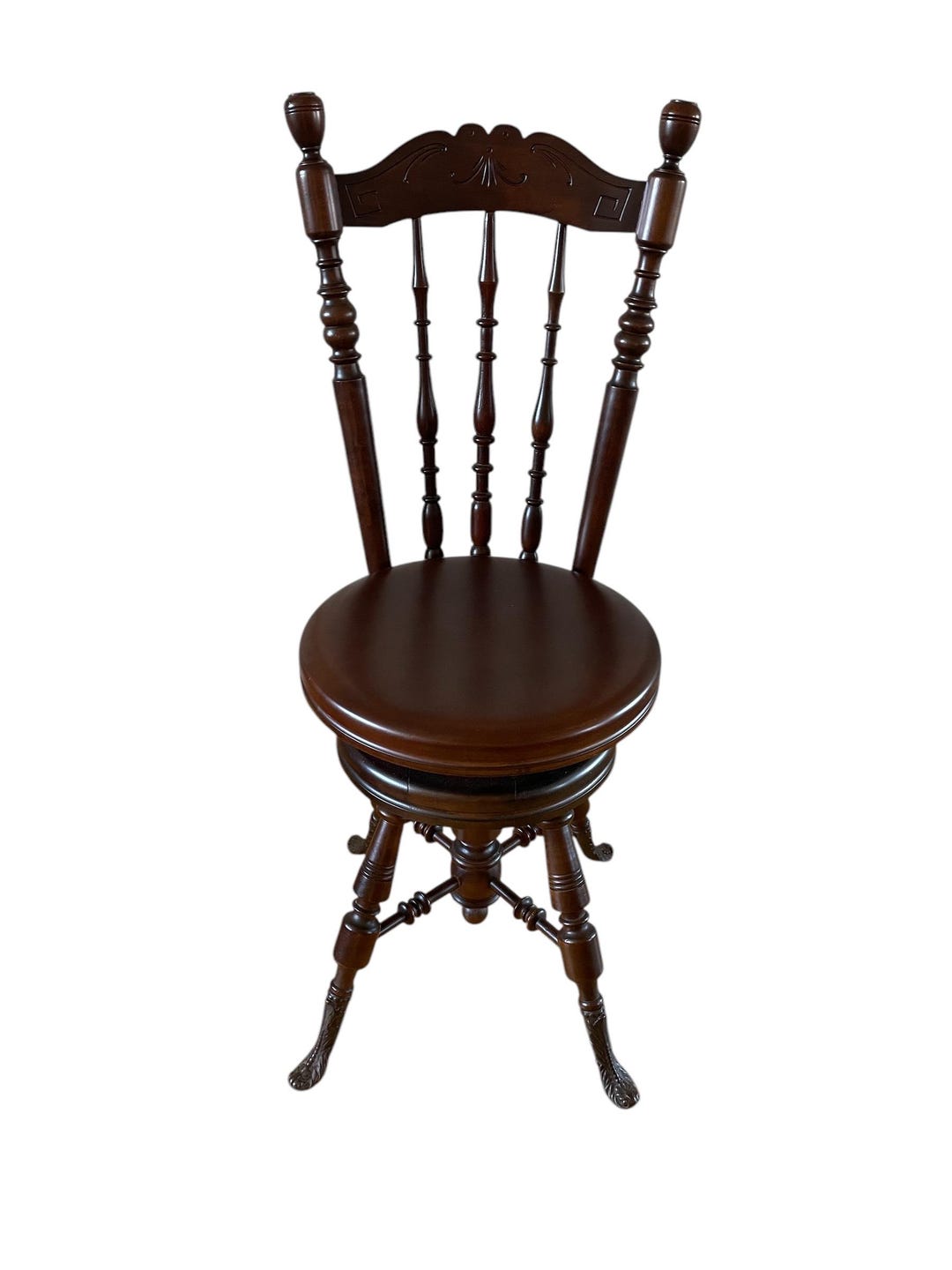 Vintage High Back Wood Swivel Piano Stool With Spindle Back and Cast ...