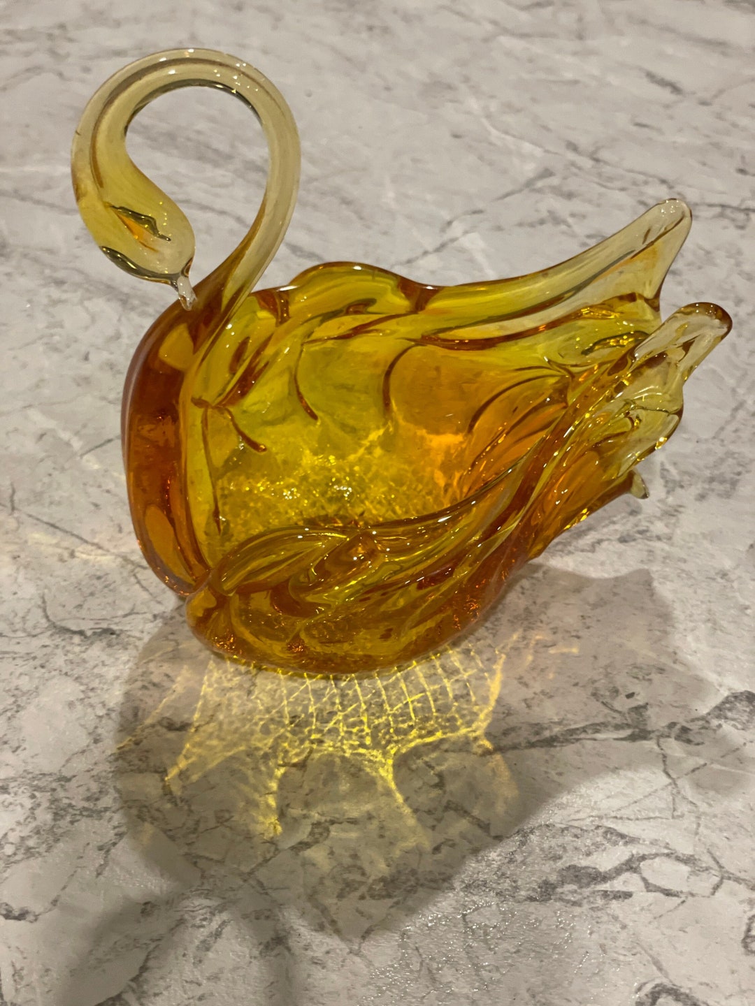 Vintage Hand-blown Amber Swan With Two Smaller Amber Side Baskets in ...