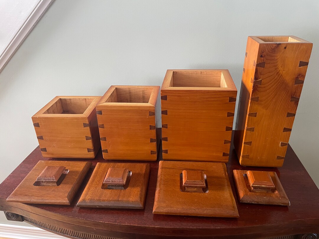 Vintage Handmade Kitchen Canisters W/ Lids Midcentury Wood Construction ...