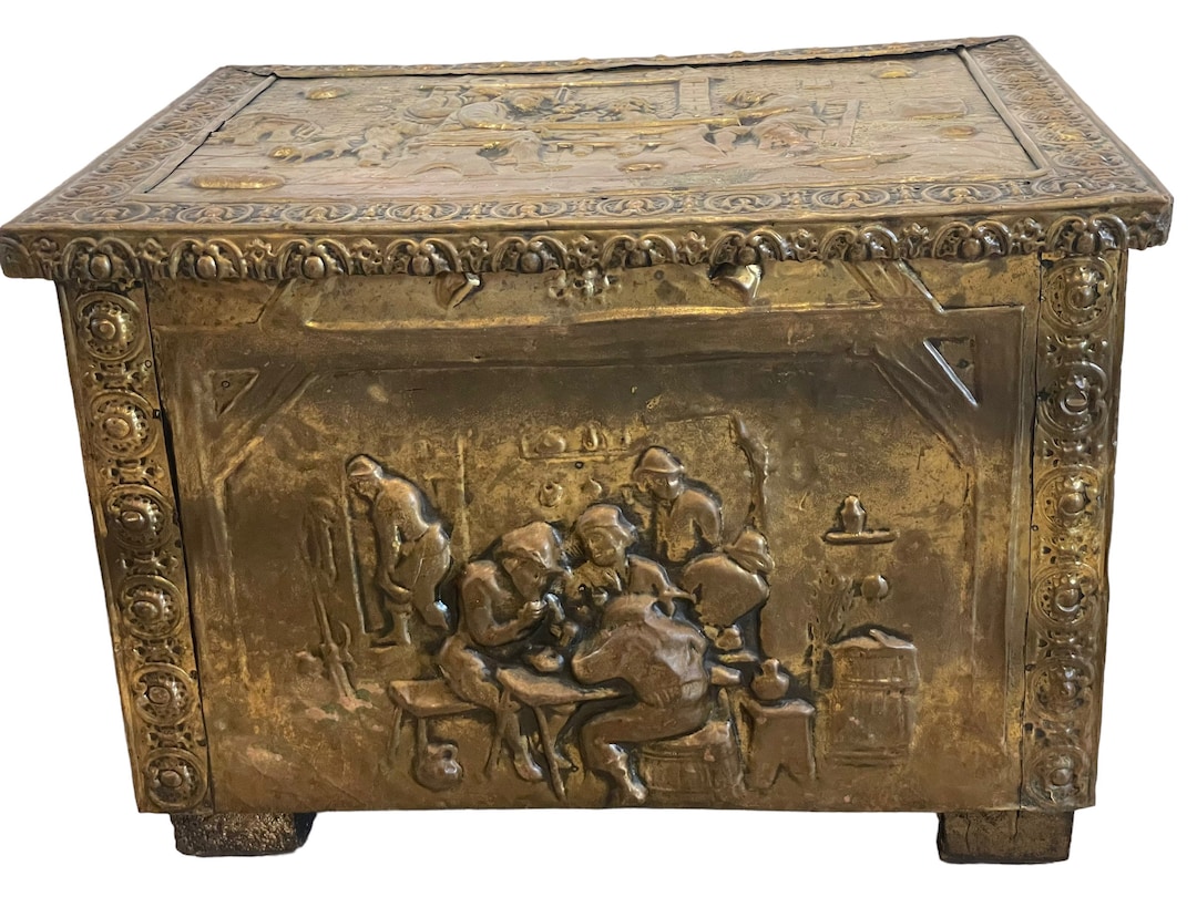 An Early Brass Covered Coal or Wood Fireplace Box in Good Vintage ...