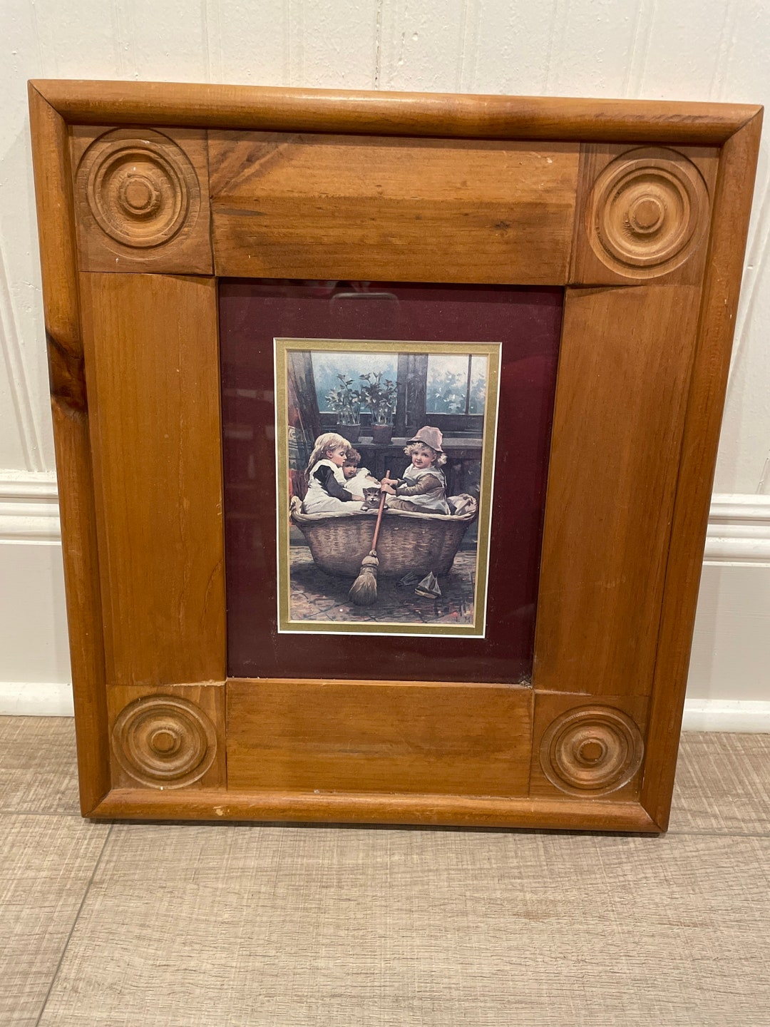 Crafted Vintage Pine Picture Frame With Nice Matting and Cute Picture ...