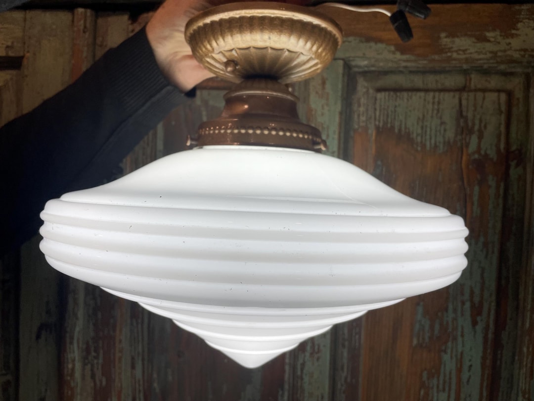 Art Deco Opal Glass Ribbed Cone Ceiling Shade /semi Flush Mount kitchen ...