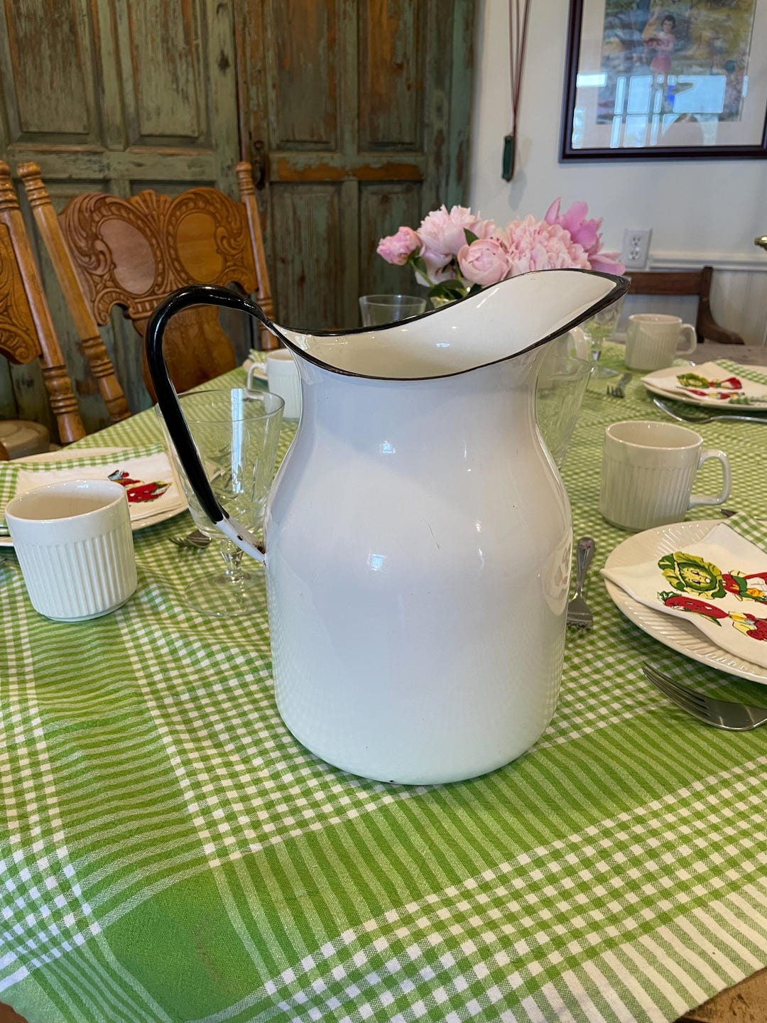 Vintage White Enamelware Milk/water Pitcher With Black Trim in Good ...