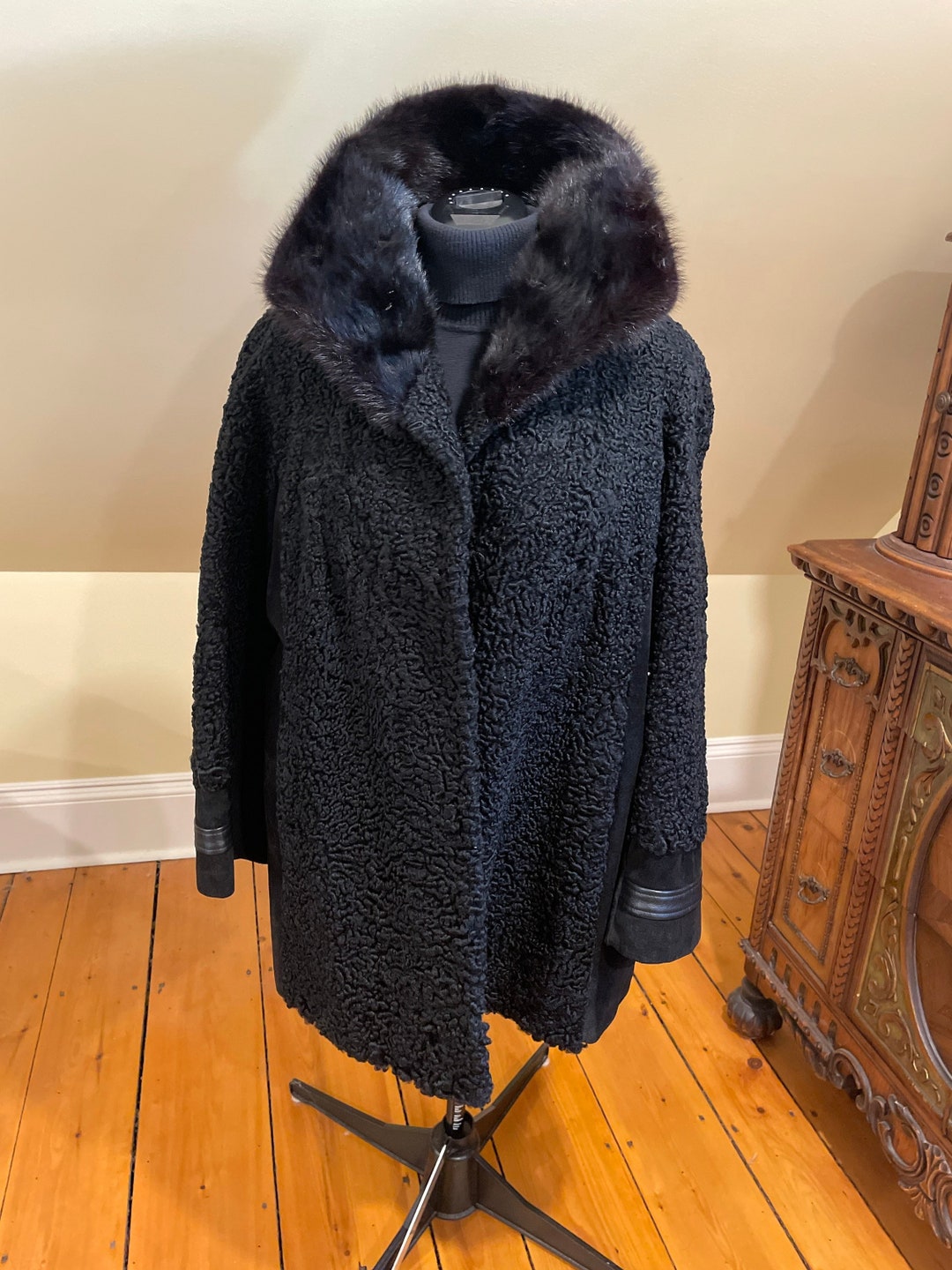 Curly Black Persian Lamb Wool Coat With Black Mink Collar and Black ...