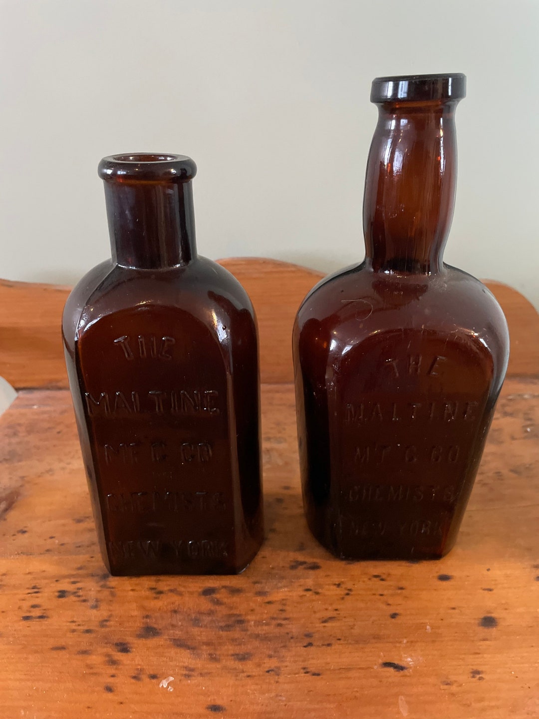 Two Amber Colored Bottles From the Malting Mfg. Co. Chemists New York ...