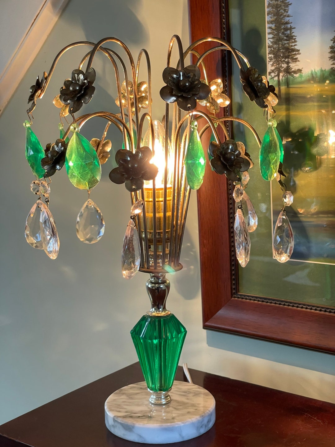 Vintage Art Deco Waterfall Mantle Boudoir Crystal Lamp Chandelier Table ...