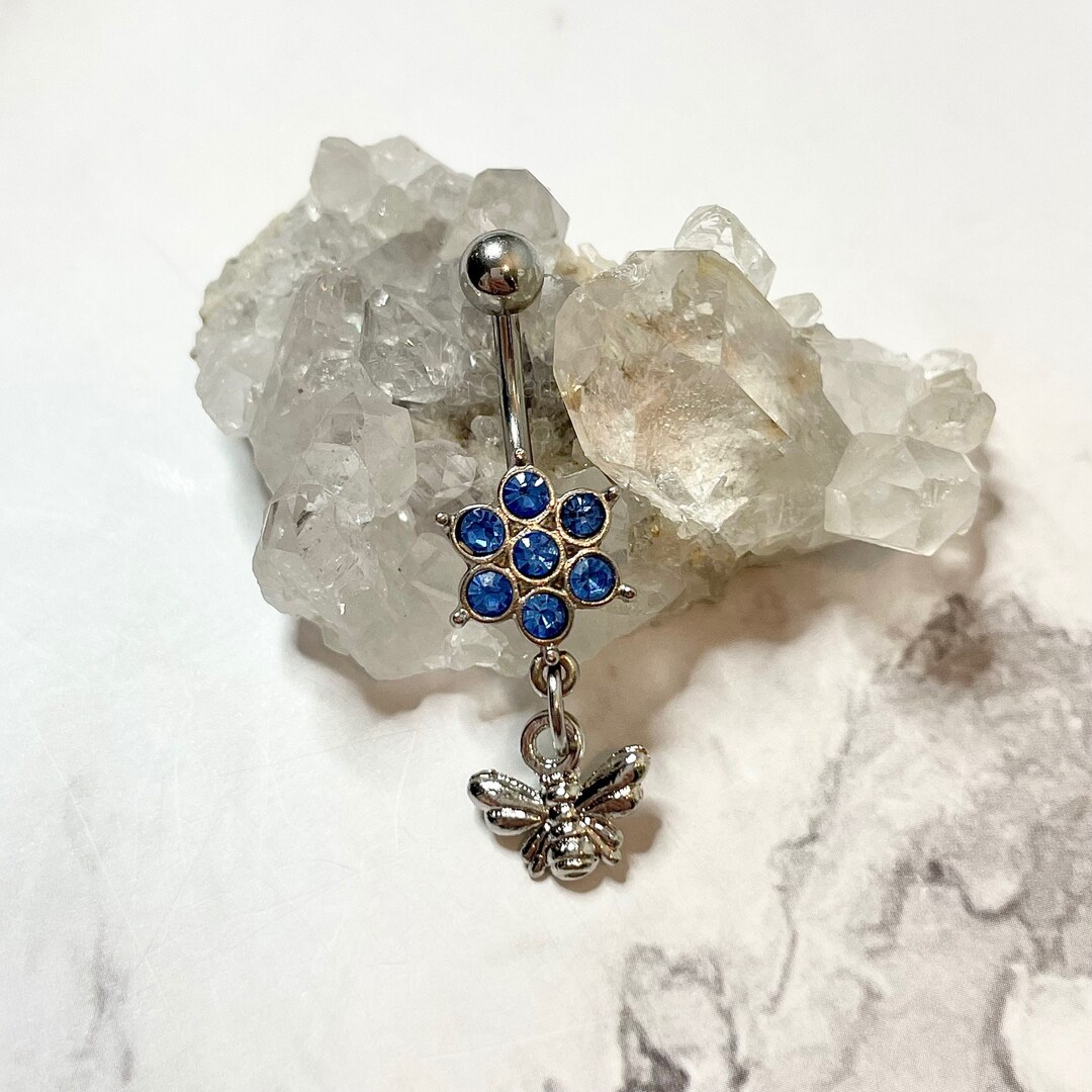 Blue Flower Bee Belly Button Ring - Blue Rhinestone Flower Surgical ...