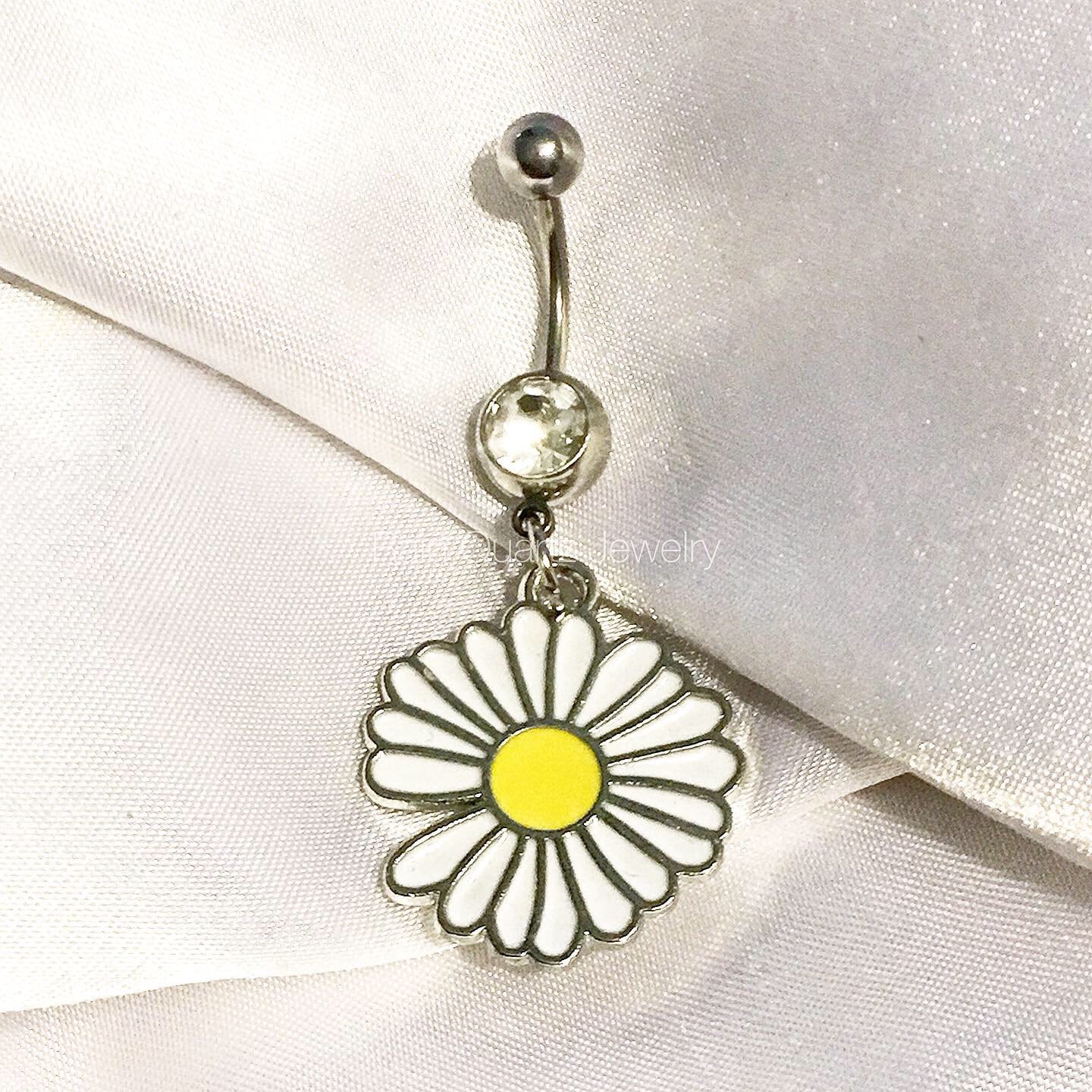 Daisy Belly Button Ring Stainless Steel 14G Navel Piercing with Enamel Daisy Dangle Charm Rhinestone Navel Jewelry
