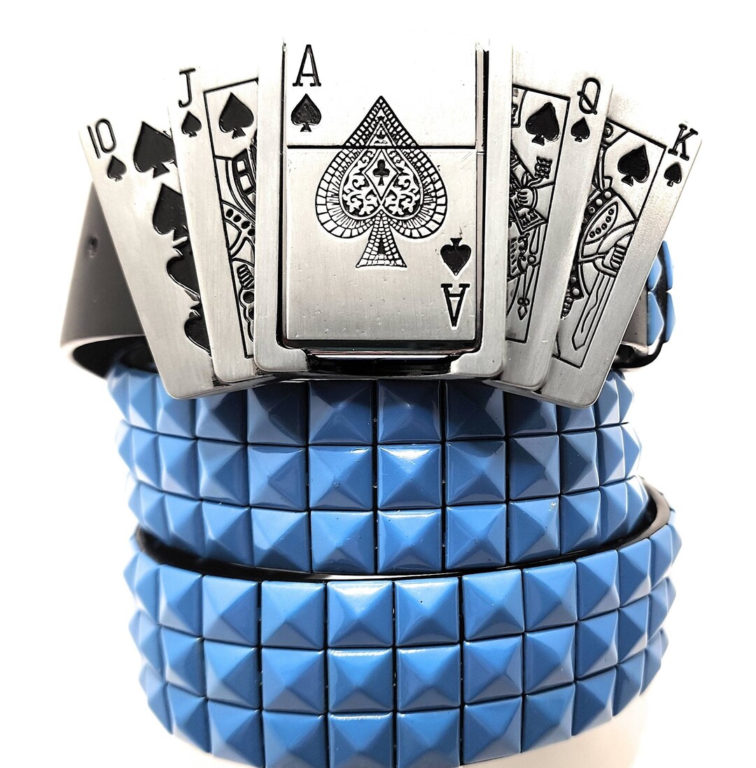 Poker Royal Flush Lighter Belt Buckle and Blue Studded Punk Belt - Etsy