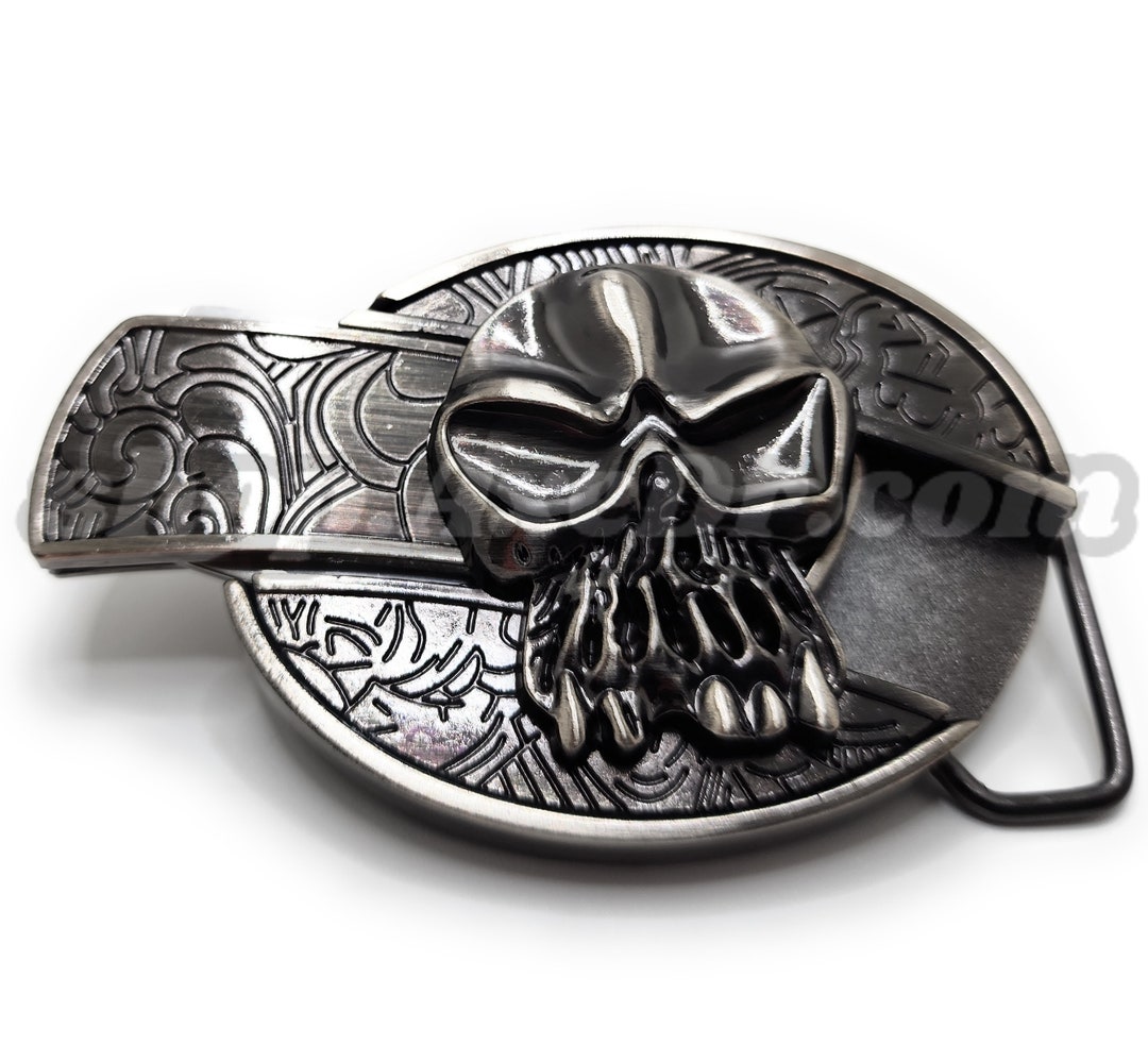 Silver Skull Folding Knife Belt Buckle - Etsy