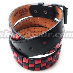 Handmade Red and Black Checker Pyramid Studded Stitched Leather Belt ...