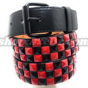 Handmade Red and Black Checker Pyramid Studded Stitched Leather Belt ...