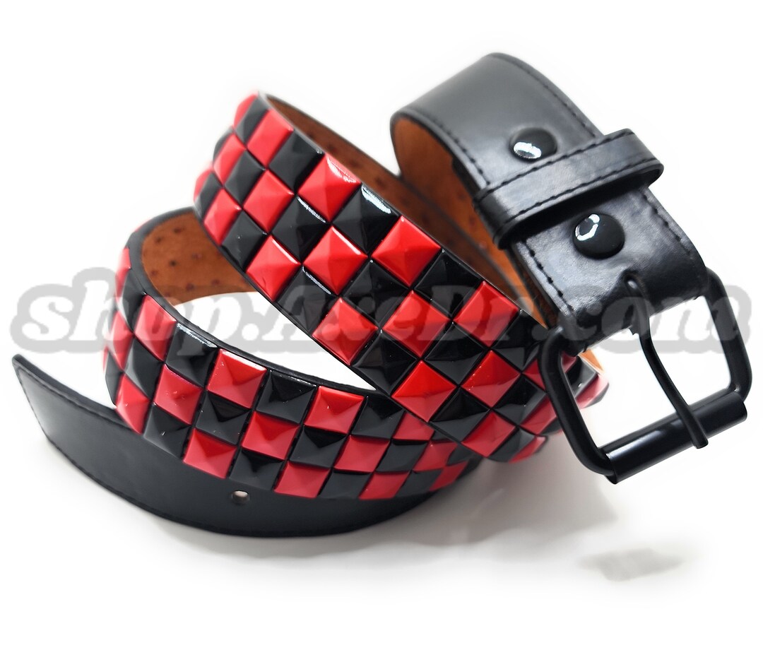 Handmade Red and Black Checker Pyramid Studded Stitched Leather Belt ...