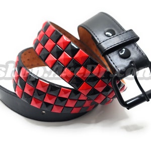 Handmade Red and Black Checker Pyramid Studded Stitched Leather Belt ...