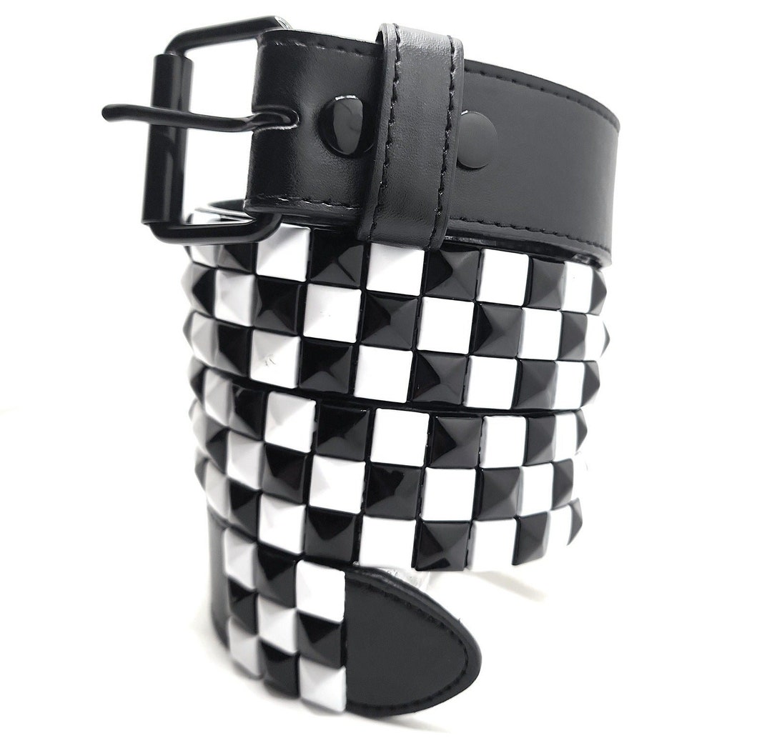 Stitched Black White Checkered Leather Belt Punk - Etsy