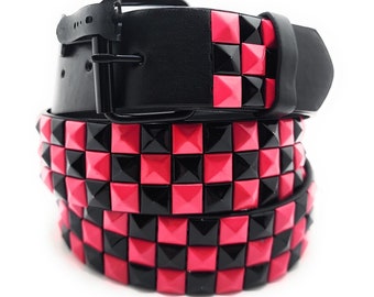 Pink and Black Checkered 3-rows Pyramid Studded Belt Punk - Etsy