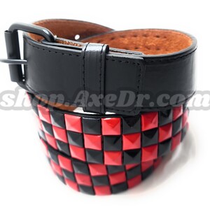 Handmade Red and Black Checker Pyramid Studded Stitched Leather Belt ...