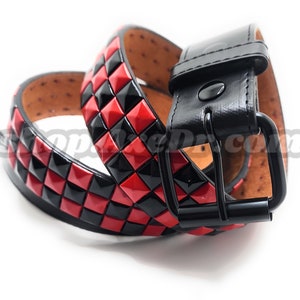 Handmade Red and Black Checker Pyramid Studded Stitched Leather Belt ...
