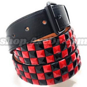 Handmade Red and Black Checker Pyramid Studded Stitched Leather Belt ...