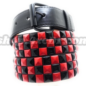 Handmade Red and Black Checker Pyramid Studded Stitched Leather Belt ...