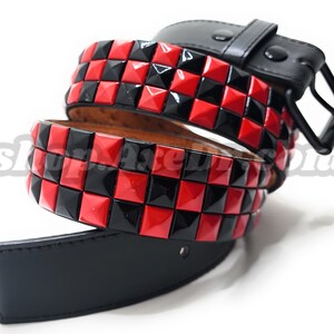 Handmade Red and Black Checker Pyramid Studded Stitched Leather Belt ...