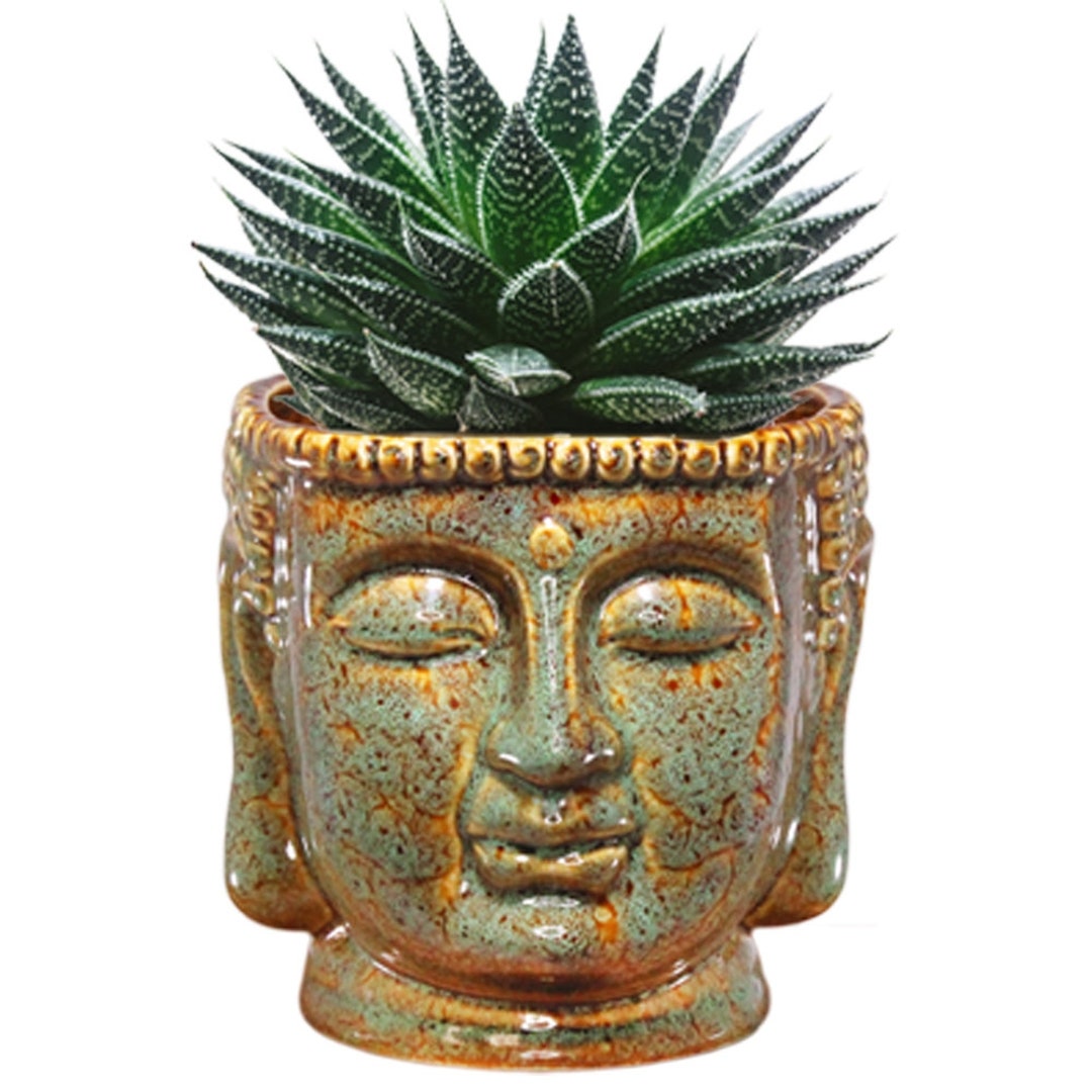 Serene Buddha Planter Pot With Jade & Brown Glaze - Etsy