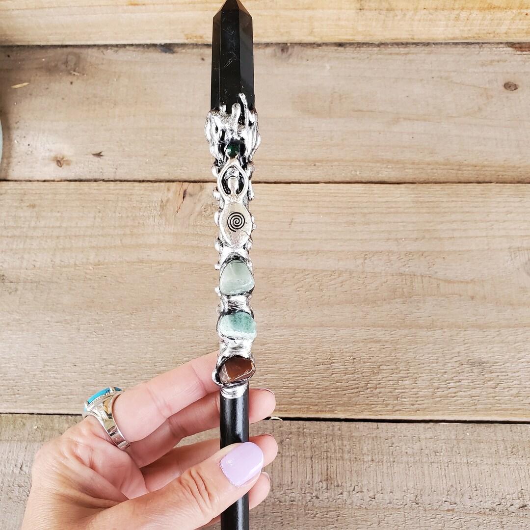 Magick Wand - Black Obsidian Point W/ Silver Spiral Goddess, Embrace ...