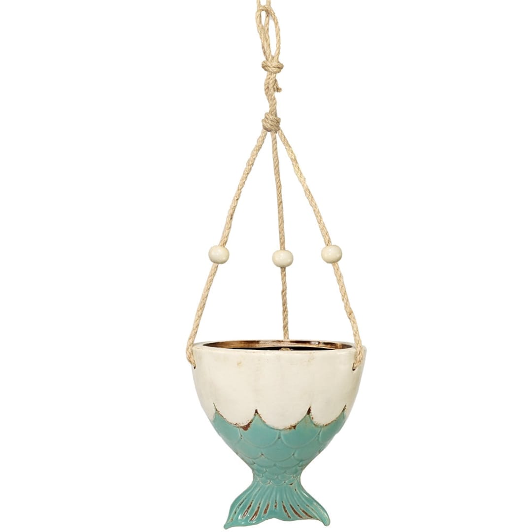 Sea Green Glazed Ceramic Mermaid Tail Hanging Planter Pot With Natural ...
