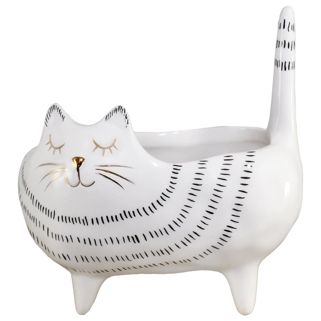 Cute Cat Planter Pot With Drainage Hole, White Porcelain With Black ...