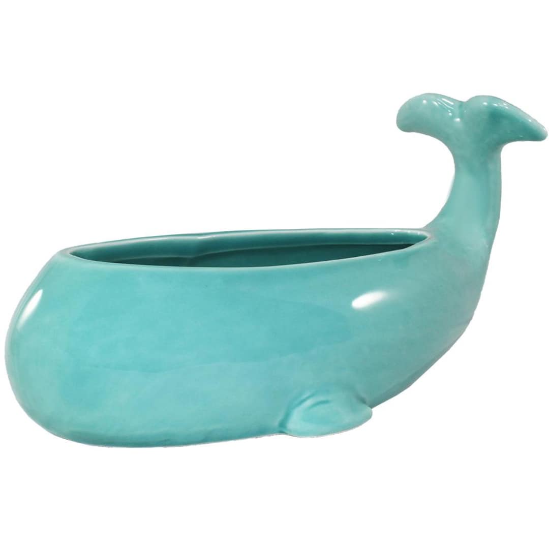Ocean Blue Ceramic Whale Planter for Flowers, Herbs Succulents, Beach ...
