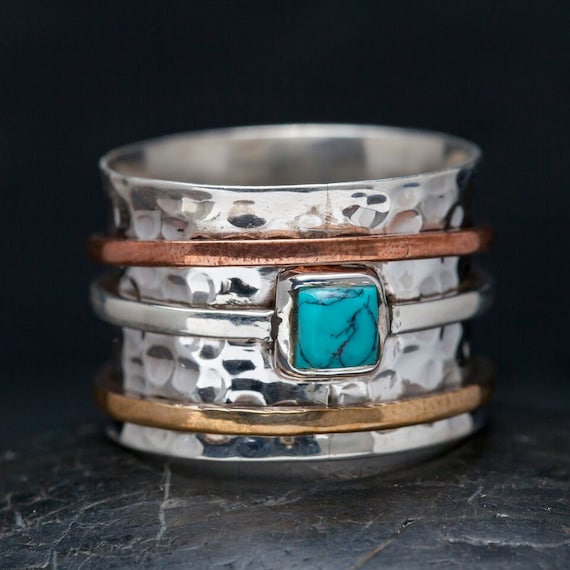 Mixed Metal Band Turquoise Ring Turquoise Ring Mindfulness | Etsy