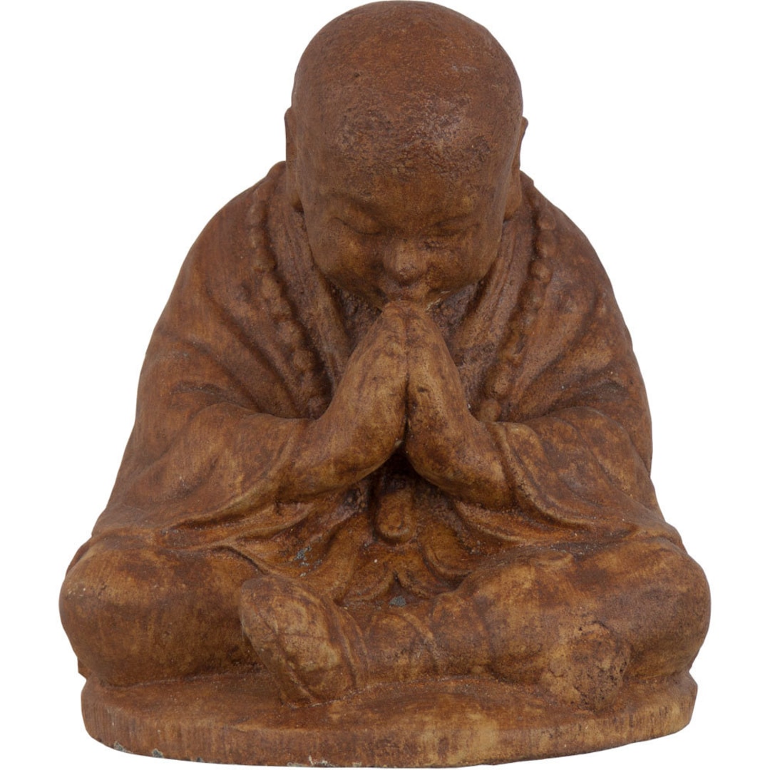 Handcrafted Brown Volcanic Stone Praying Monk Statue Unique Garden or ...